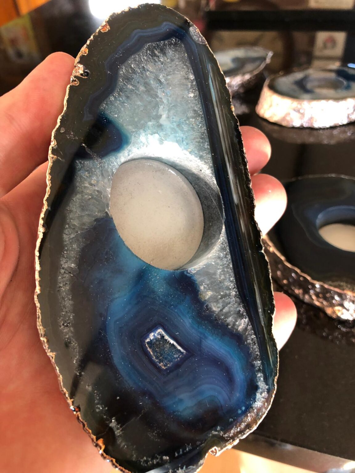 Large, Blue Agate Slice Quartz Silver Gilded Tealight Candle Holder.