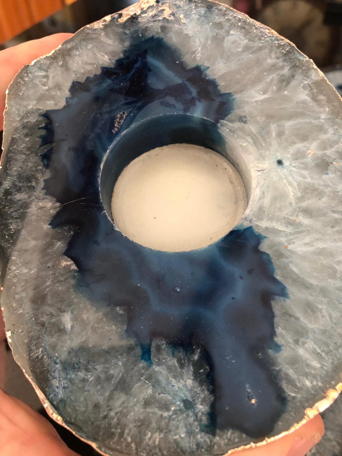 Large, Blue Agate Slice Quartz Silver Gilded Tealight Candle Holder.