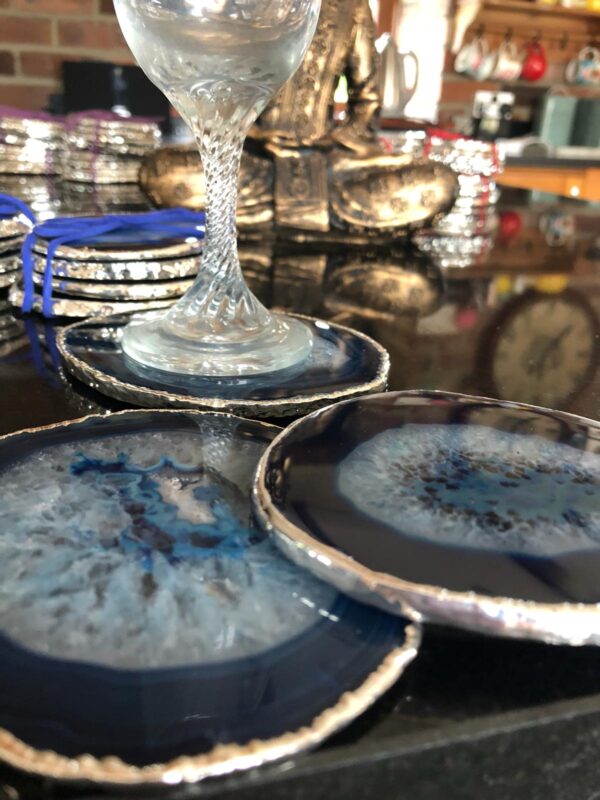 Blue, Agate Silver Edge, Gilded, Microcrystalline Quartz Premium Coasters
