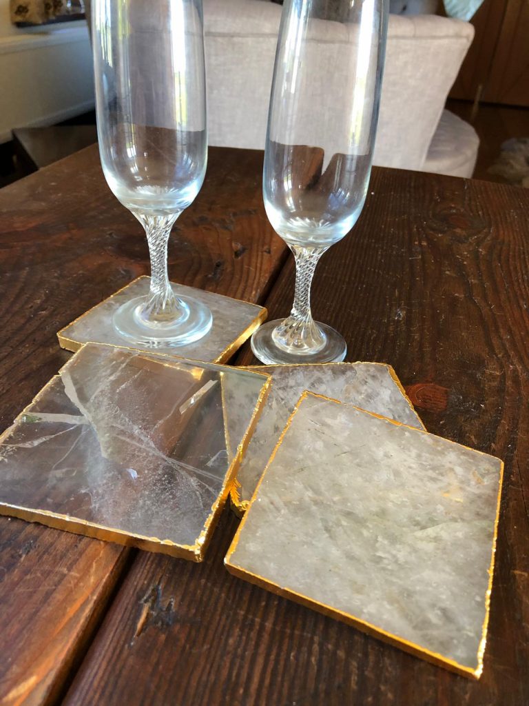 4 Set of Clear Quartz Premium Coasters Square Shape Silver Gilded Edge