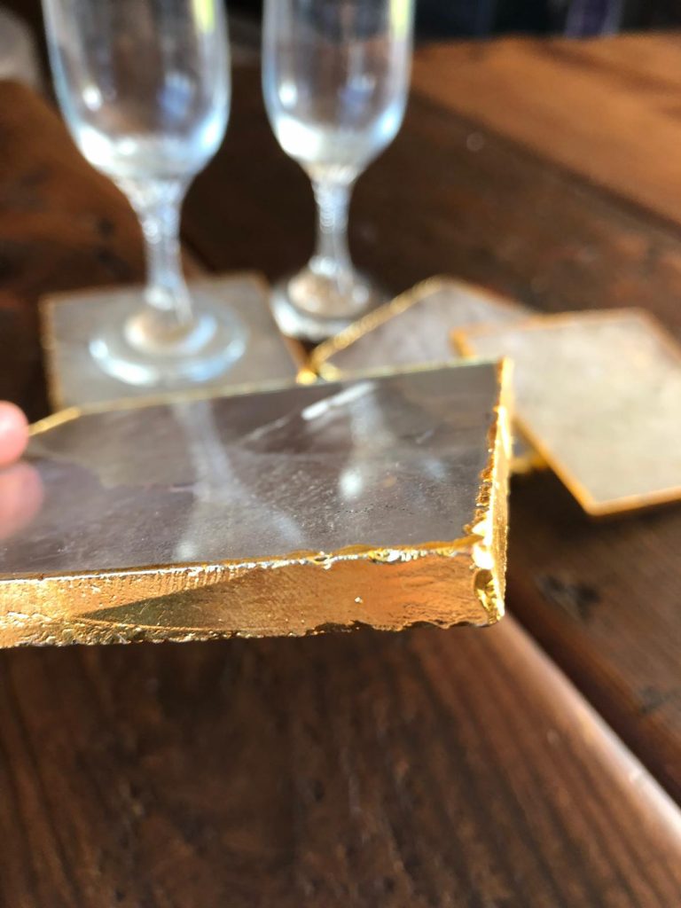4 Set of Clear Quartz Premium Coasters Square Shape Silver Gilded Edge