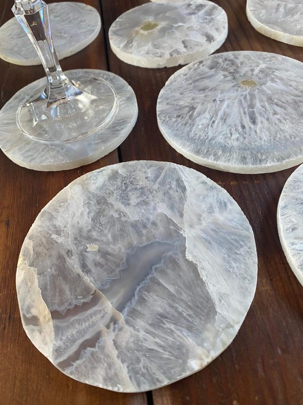 White Agate Premium Coasters Circle Shape Natural Edge (set of 4) Gift