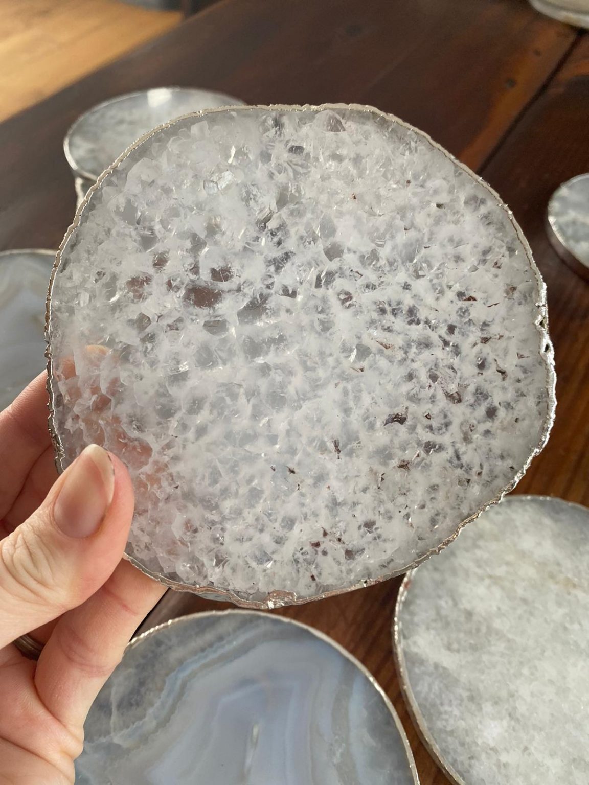 White Agate Premium Coasters Circle Shape Silver Edge (set of 4) Gift